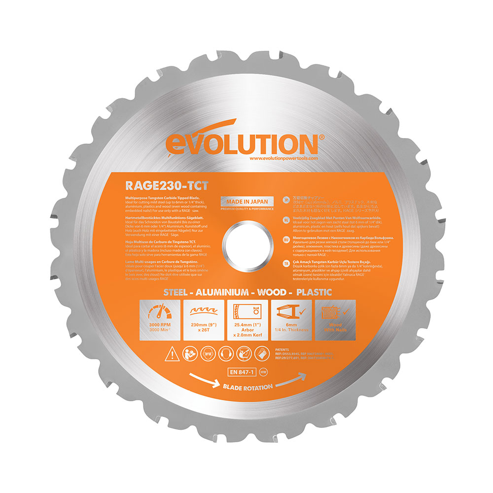 Evolution RAGE230BLADE: 9 in. 26T, 1 in. Arbor, Tungsten Carbide Tipped ...